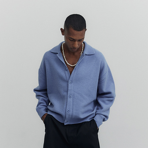 프리즘 | WOOL CASH COLLAR KNIT CARDIGAN BLUE